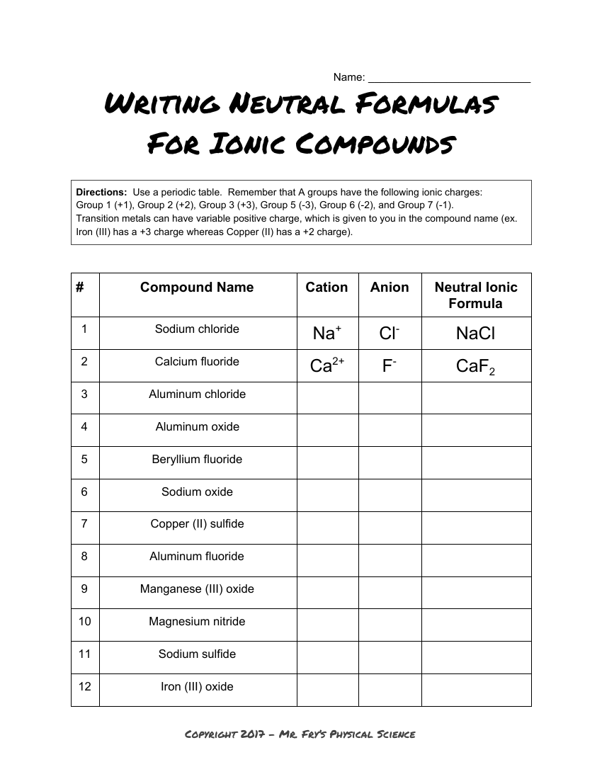 Writing Formulas And Naming Compounds Worksheet Section 3